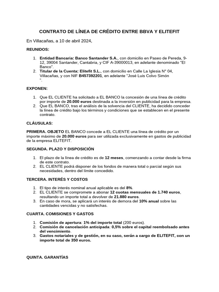 Contrato de Línea de Crédito Entre Bbva y Elitefit | PDF | Bancos | Crédito