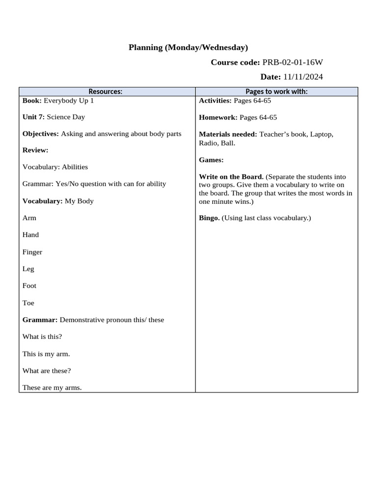 Everybody Up 1, Unit 7, Lesson 1. | PDF