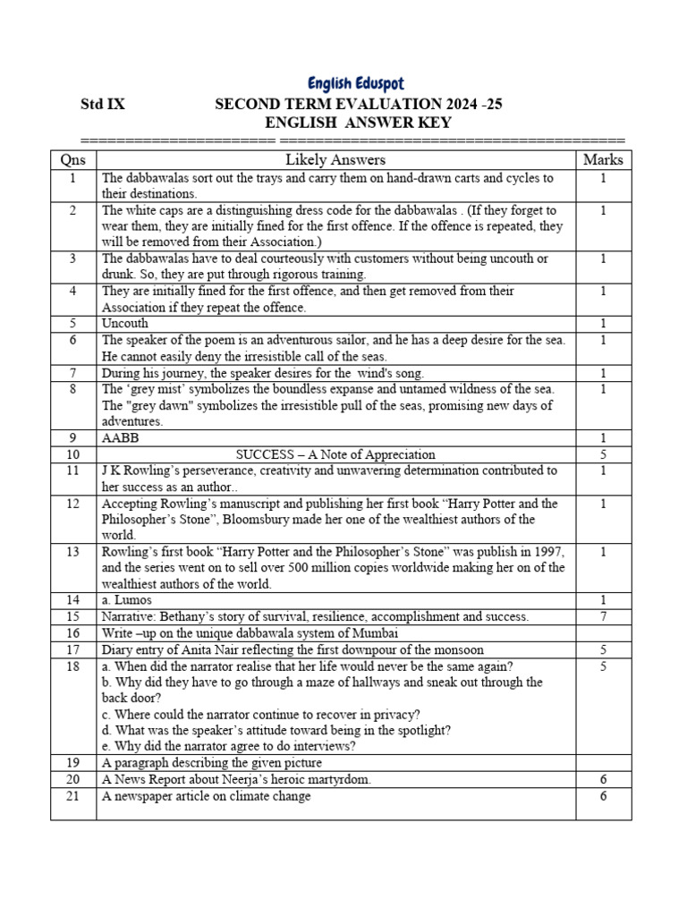 Std 9 English Second Term Answer Key 2024 | PDF
