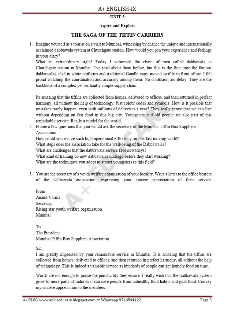 A+ Blog - Std-9-English-Unit-3 - Aspire and Explore-Chapter-2-The Saga of The Tiffin Carriers ...