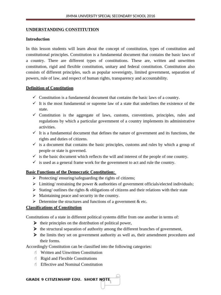 G9 Unit 3 Constitution-2016 | PDF | Constitution | Ethiopia