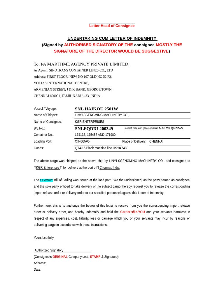 Undertaking Cum Indemnity Format - Seaway BL (Consignee Letter Head) | PDF