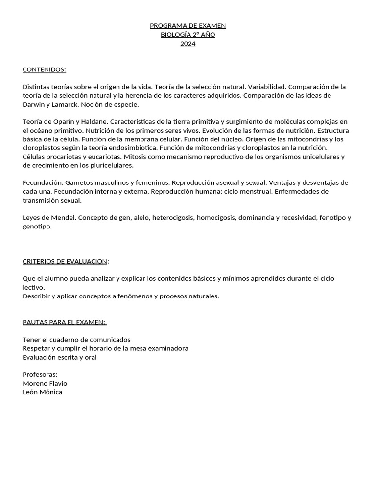 Programa de Examen de 2do Año 2024 | PDF