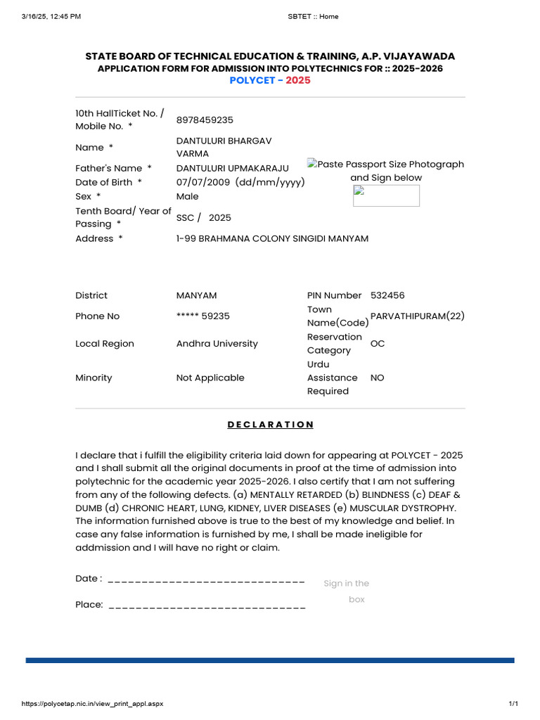 POLYCET 2025 Admission Application Form | PDF | Medical Specialties ...