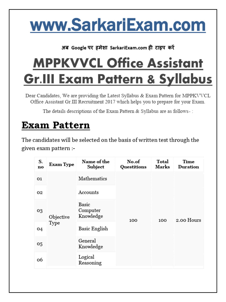 MPPKVVCL Office Assistant GR - III Exam Pattern Syllabus Watermark | PDF