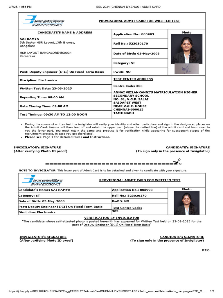 Bel-2024 (Chennai-dy.engg)_ Admit Card | PDF | Identity Document