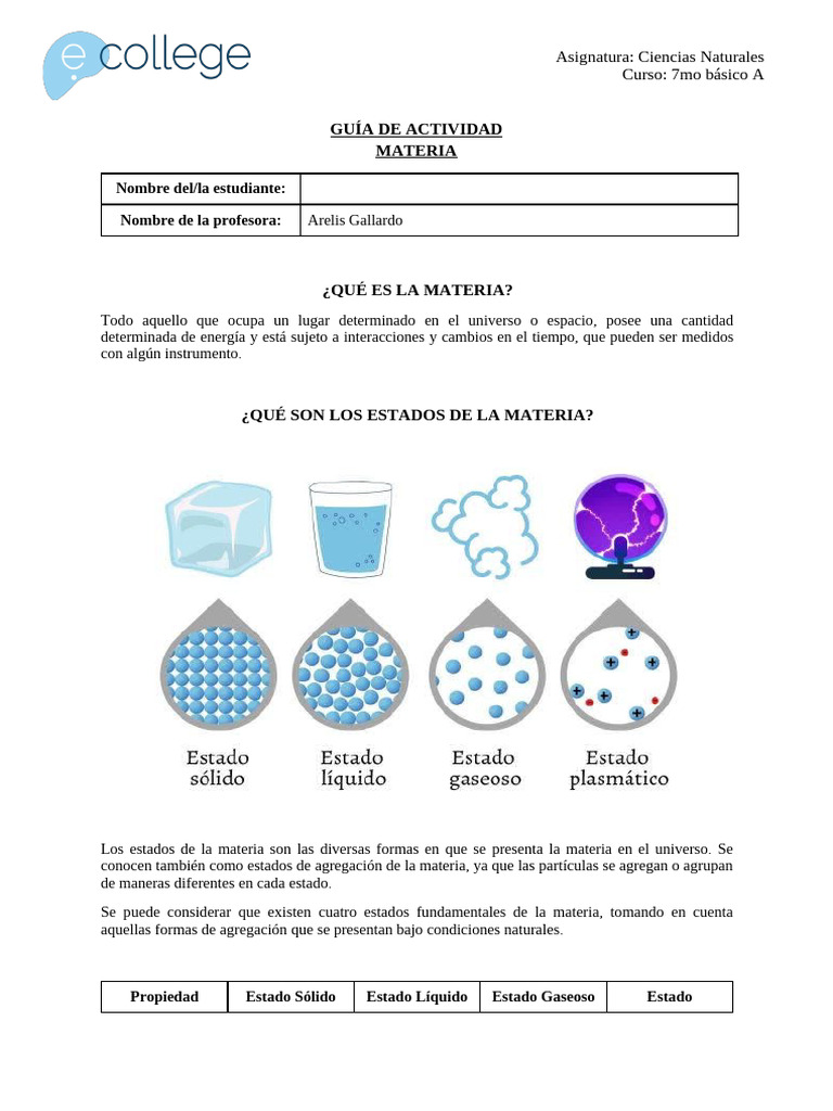 Guía de Materia y Estados para 7mo Básico | PDF | Importar | Gases