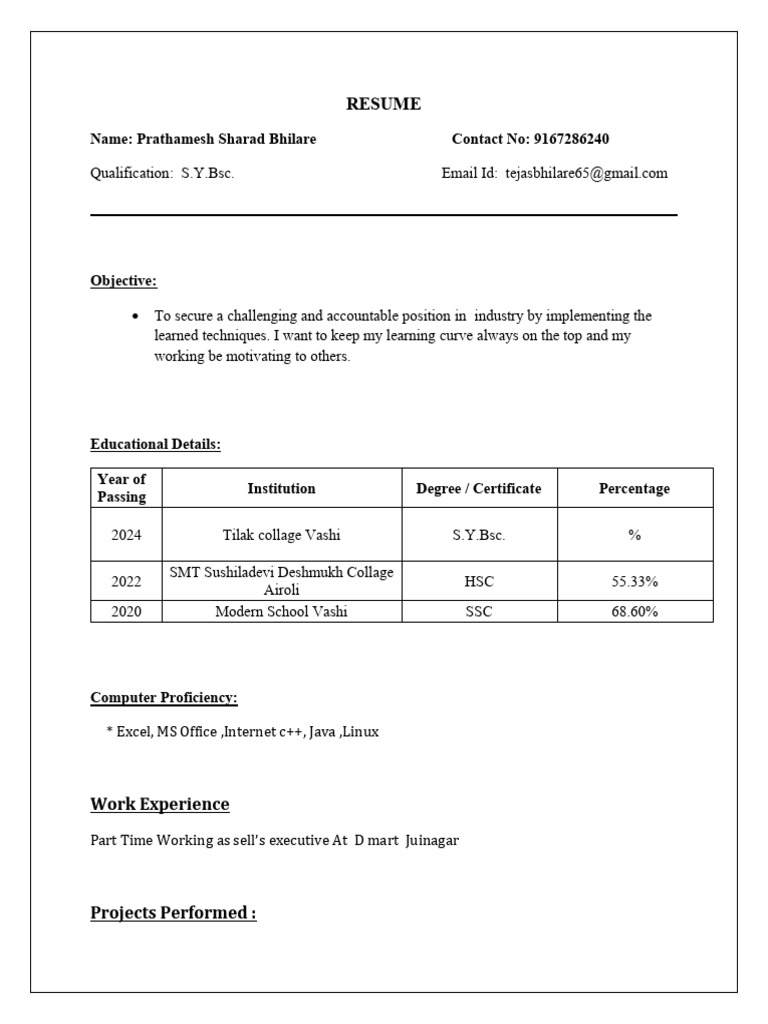 Resume: Ame: Prathamesh Sharad Bhilare Contact O: 9167286240 | PDF