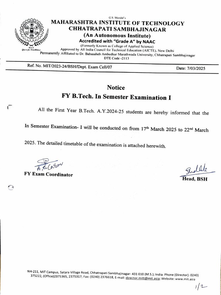 ISE I Notice and Time Table 2024.25 Sem II | PDF | Science Education ...