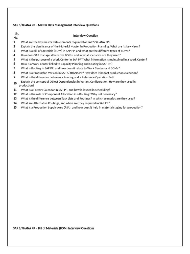 SAP S/4HANA PP Interview Questions Guide | PDF | Production And ...