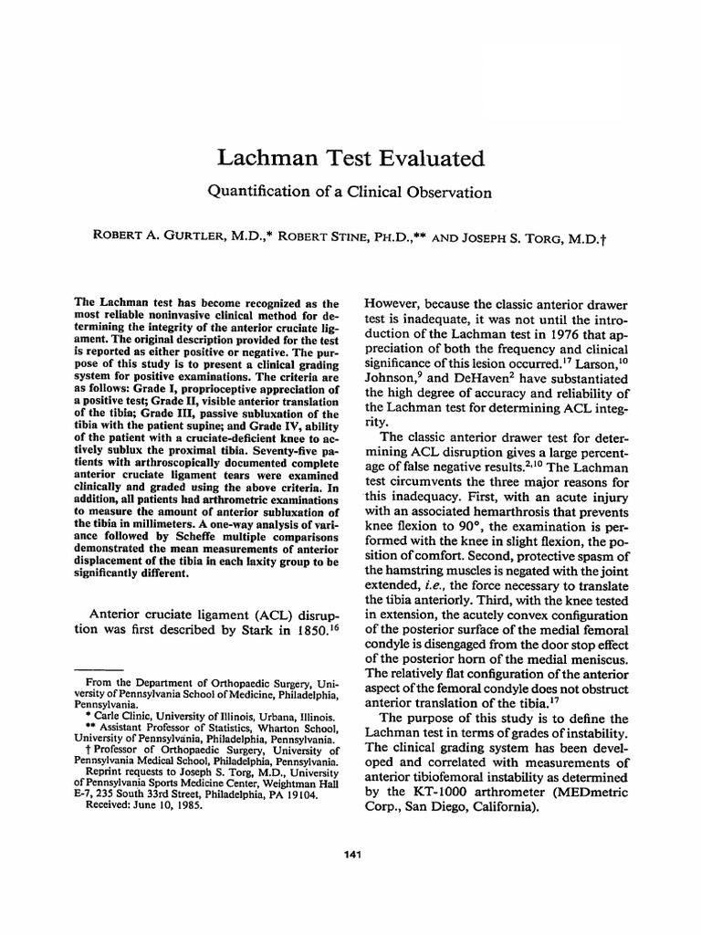 88cGURTLER RA, STINE R, ToRG JS. Lachman Test Evaluated Quantification ...