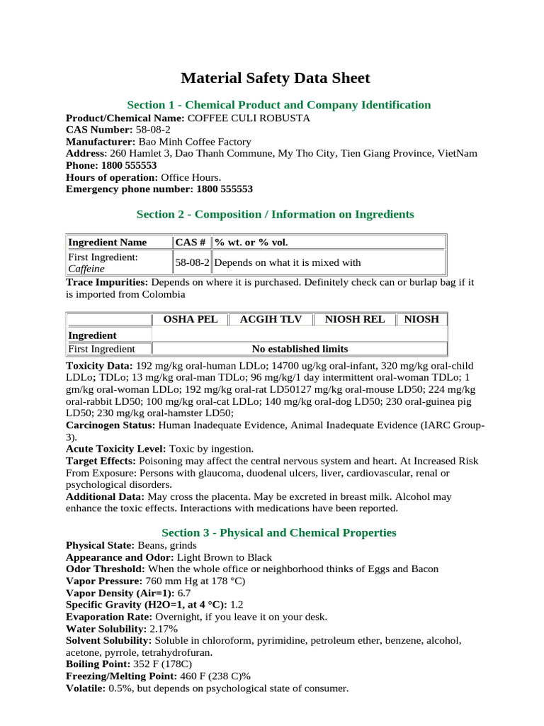 MSDS Coffee Culi Robusta | PDF | Resource Conservation And Recovery Act ...