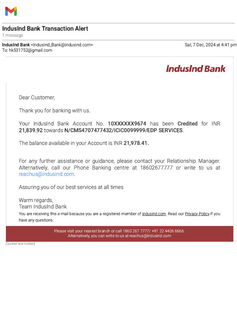 IndusInd Bank Transaction Notification | PDF