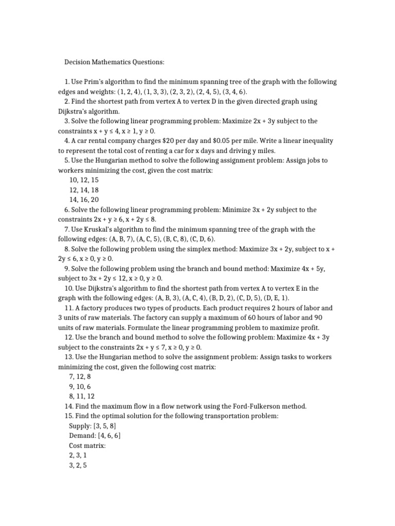 Decision Mathematics Problem Set | PDF | Linear Programming | Combinatorics