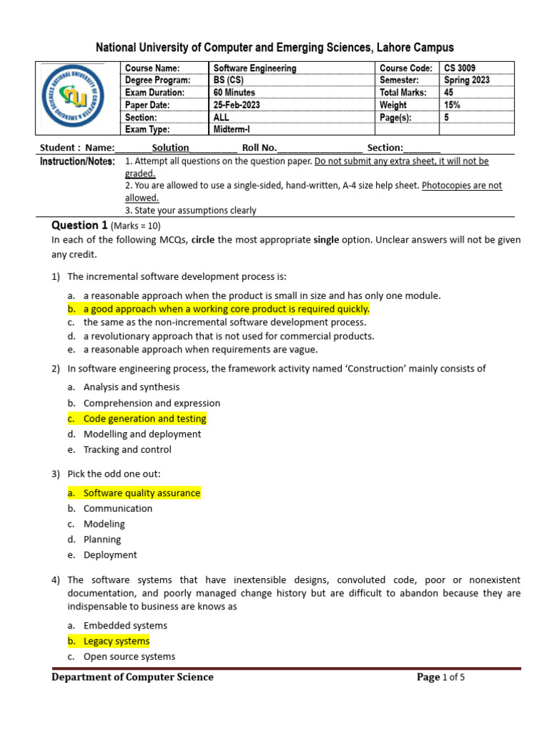 2023 - Midterm 1 Solution - Spring - SE | PDF | Software Development Process | Software