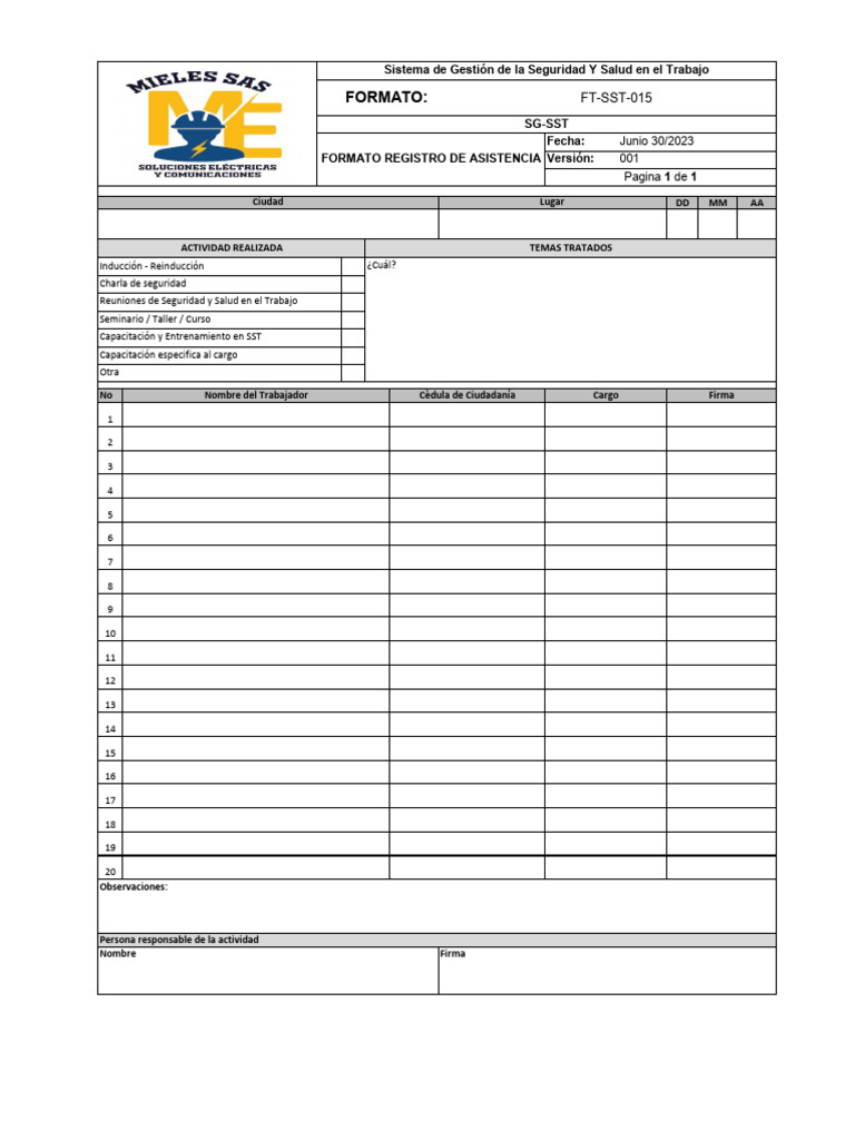 FT-SST-015 Formato de Registro de Asistencia | PDF