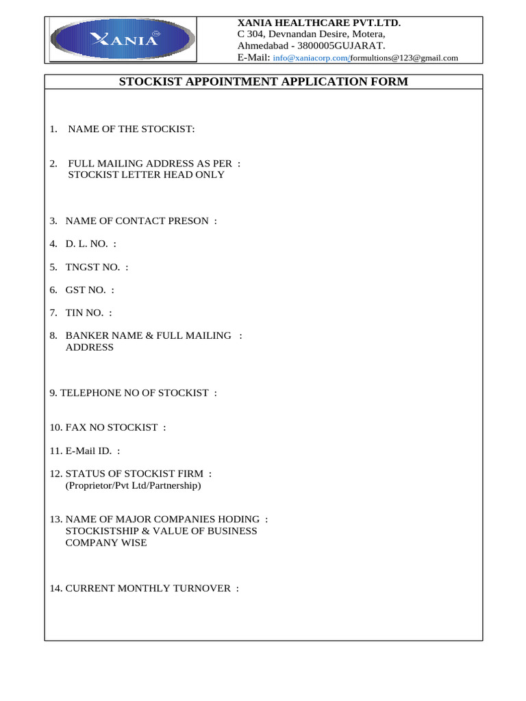 STOCKIST-APPOINTMENT-APPLICATION-FORM Standard | PDF