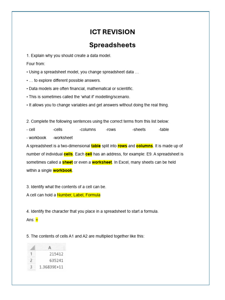 Spreadsheets - Revision Sheet - 1 | PDF | Spreadsheet | Multiplication