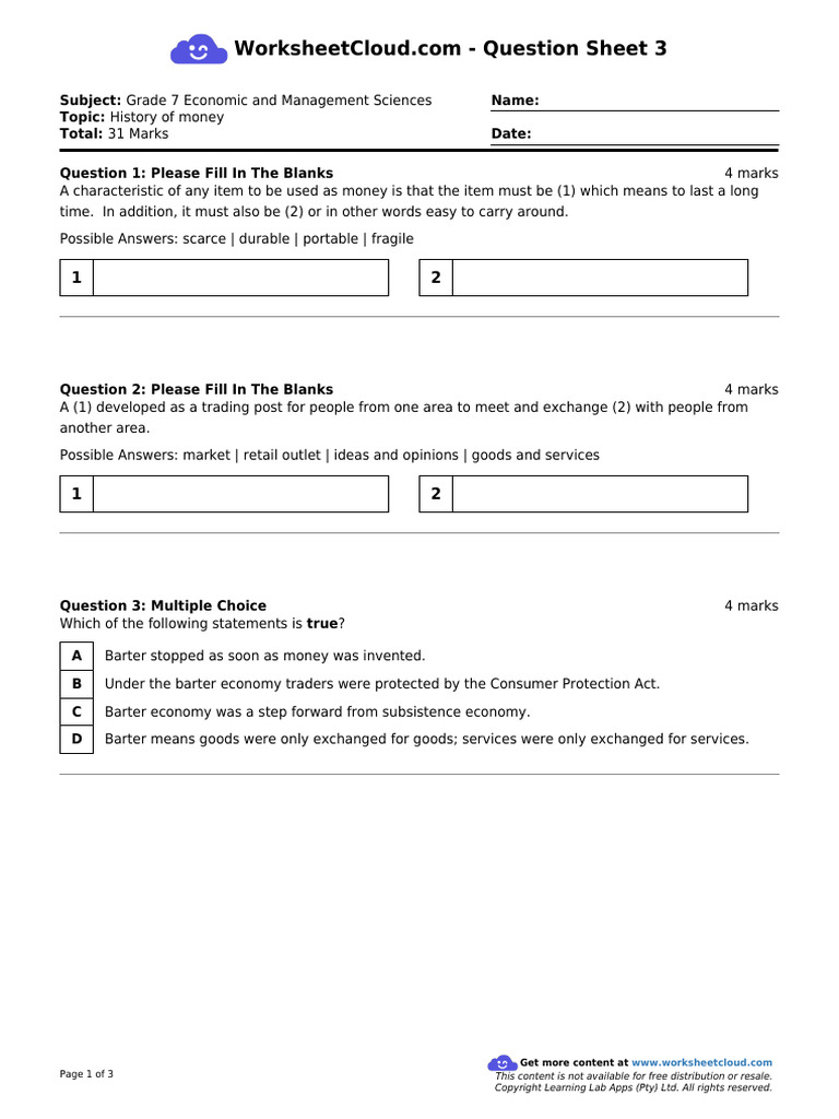 History of Money Worksheet3 | PDF | Barter | Economies