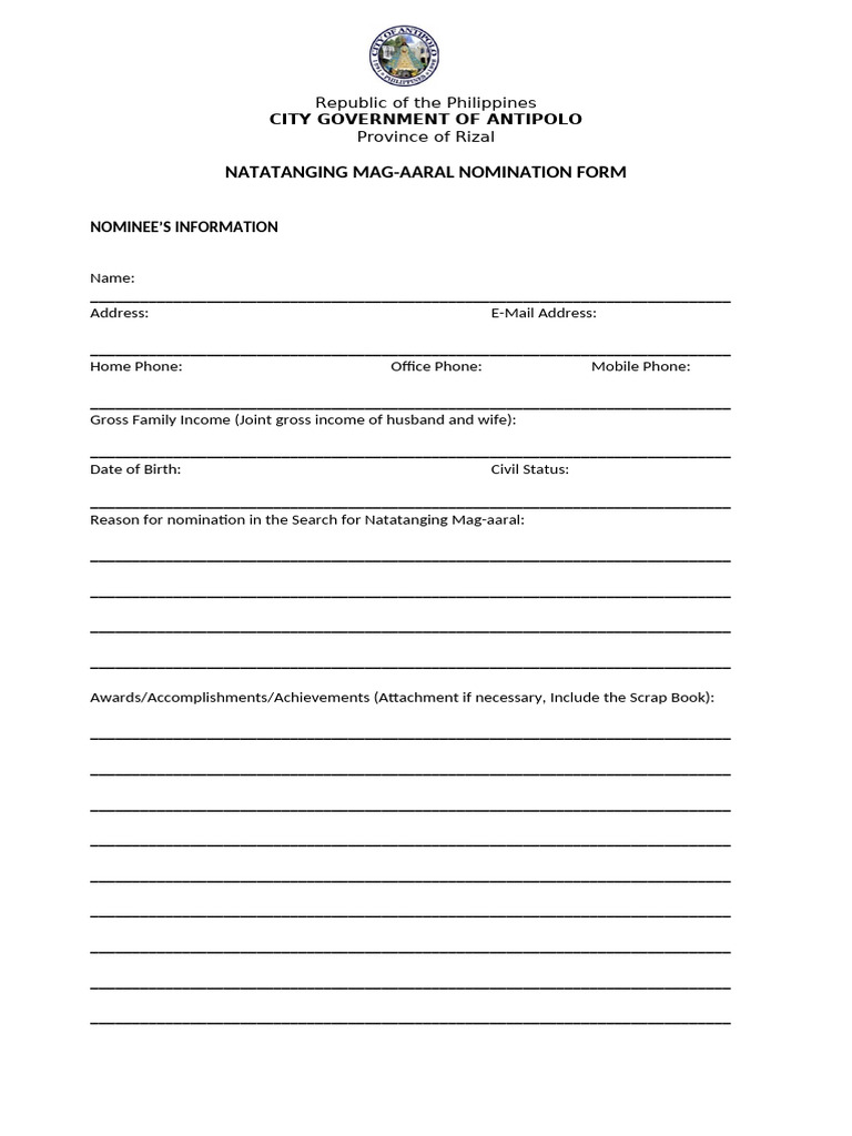 Natatanging Mag-aaral Nomination Form | PDF | Interpersonal Attraction ...