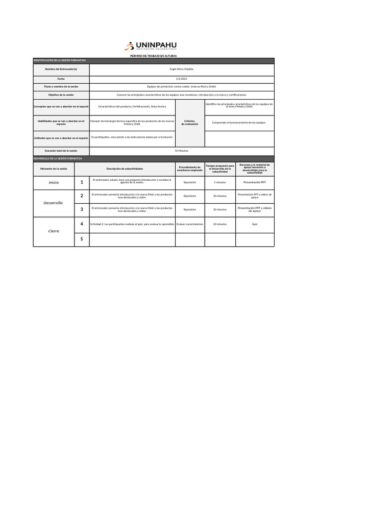Plan de sesión - PETZL Y ORBIT | PDF | Aprendizaje