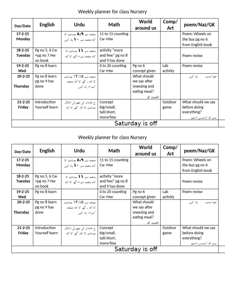 Nursery Class Weekly Planner | PDF
