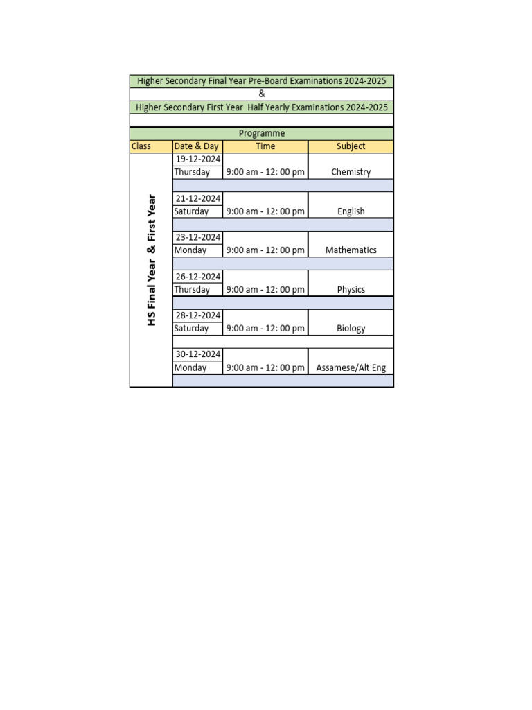 Date Sheet Preboard - Half Yearly 2024-25 | PDF