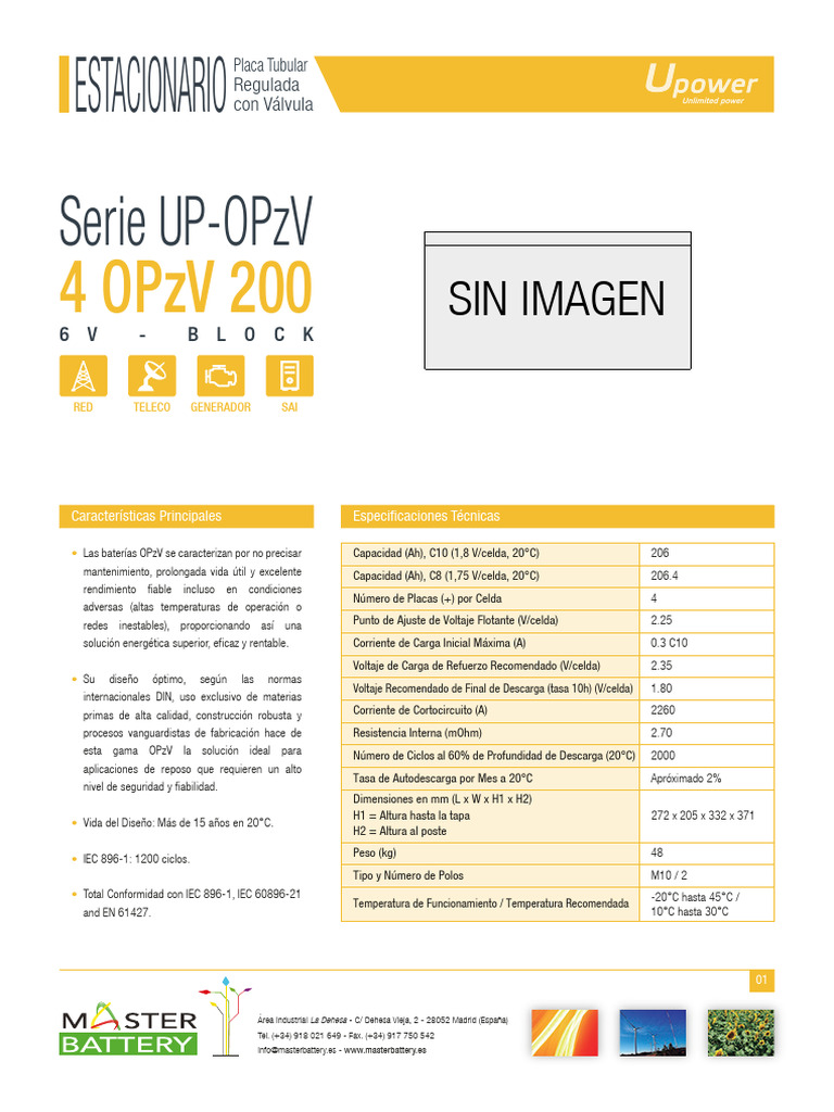 HOJA DE DATOS - BATERIAS 6-4-OPzV-200 | PDF | Electroquímica | Almacen de energia
