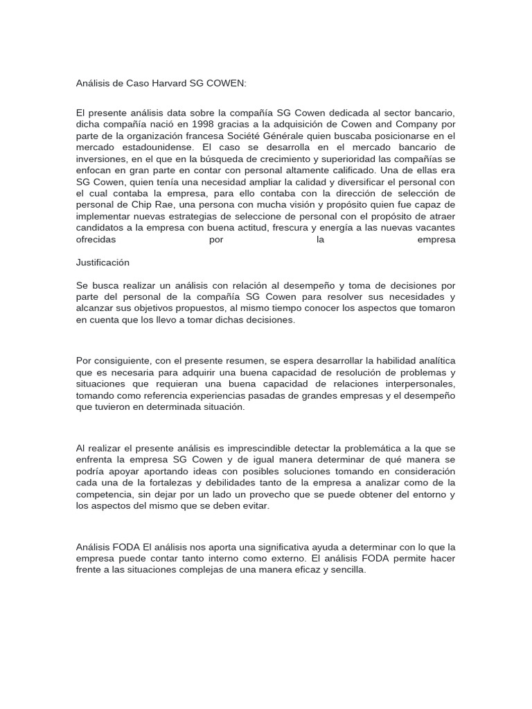 Análisis de Caso Harvard SG COWEN | PDF | Análisis FODA | Gestión de ...
