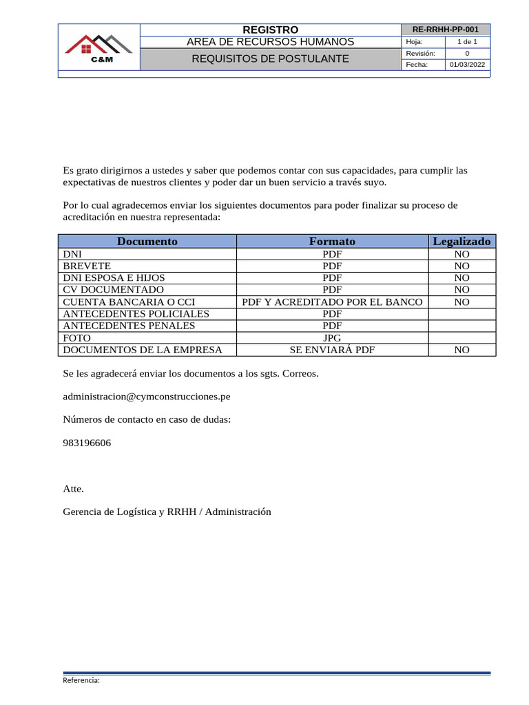 Requisitos Del Postulante C&M | PDF