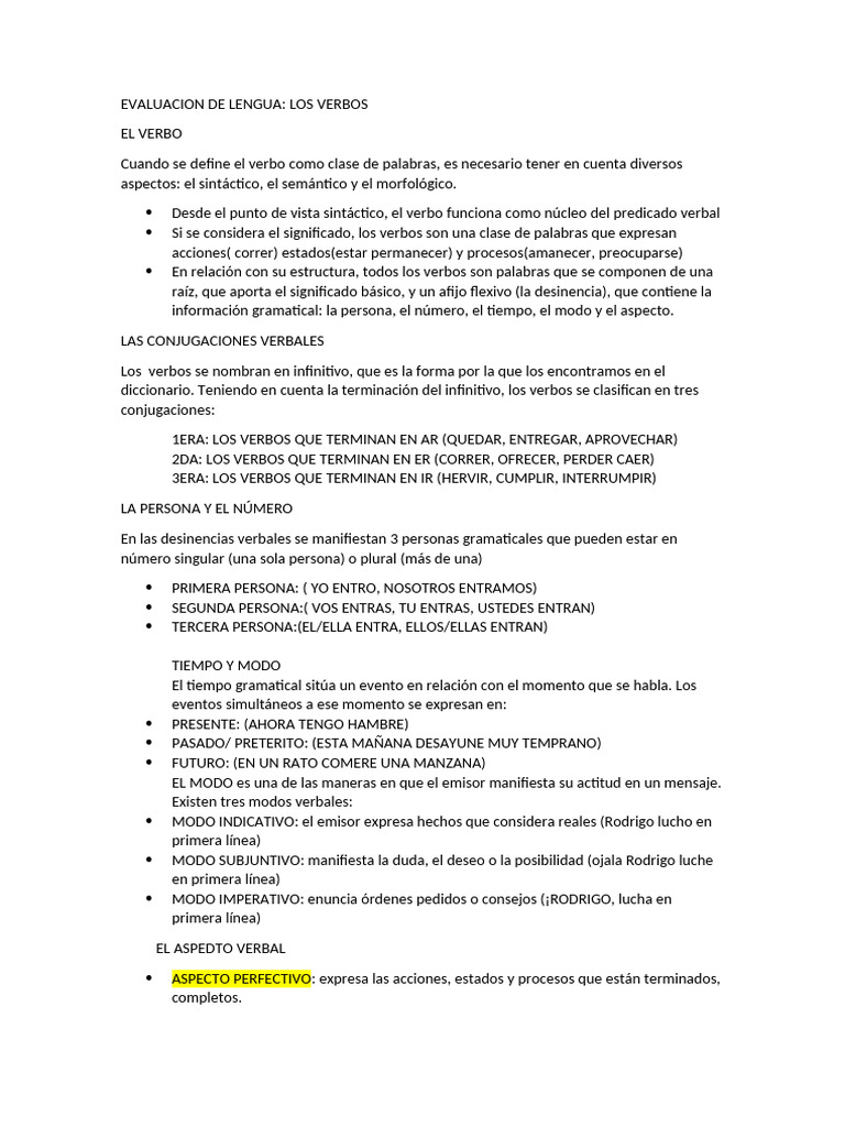 Evaluacion de Lengua Verbos | PDF | Verbo | Morfología Lingüística