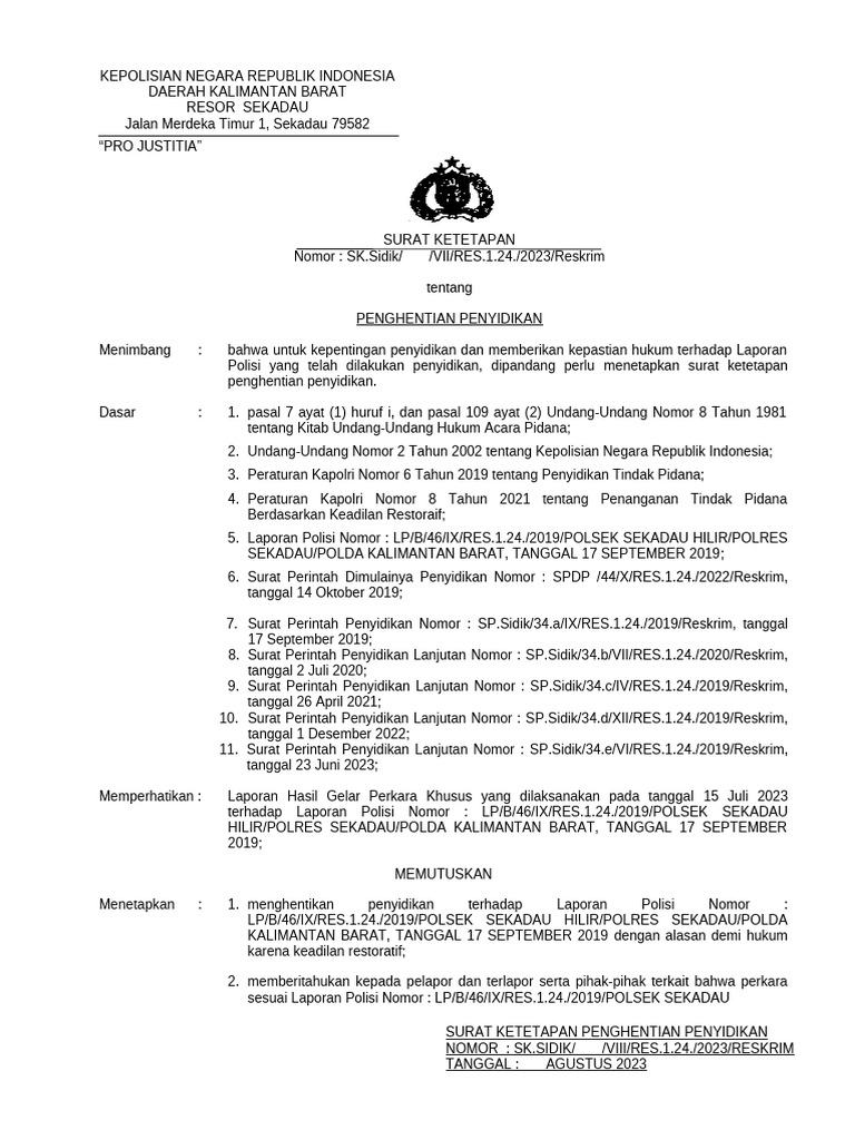 Penghentian Penyidikan Kasus Sekadau | PDF