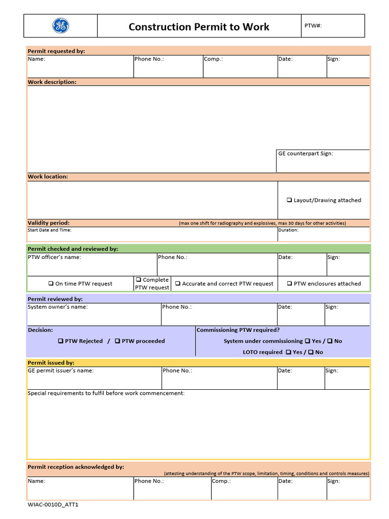 Construction Work Permit Template | PDF | Occupational Safety And ...