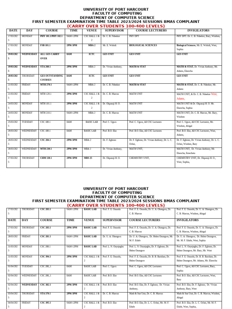 CSC Exam Timetable 2023/2024 | PDF