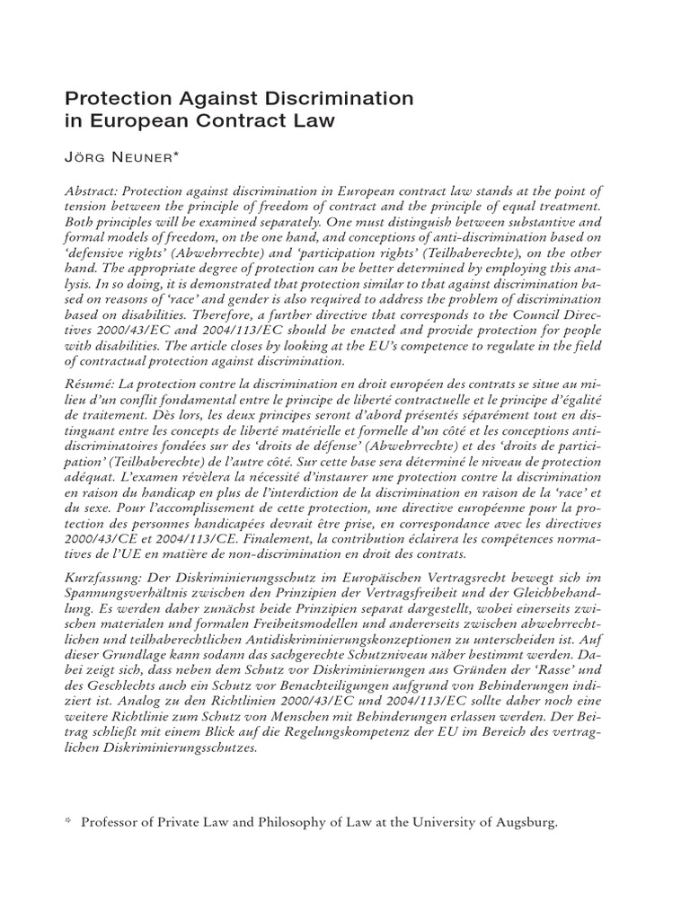 Article - 2006 - Protection Against Discrimination in European Contract ...