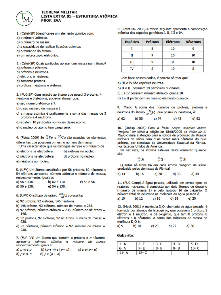 PDF - Lista Extra 05 - Estrutura Atômica | PDF