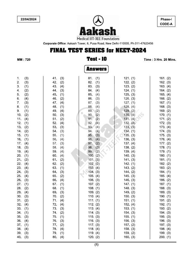 (A) FTS - 10 (Answer Key) | PDF