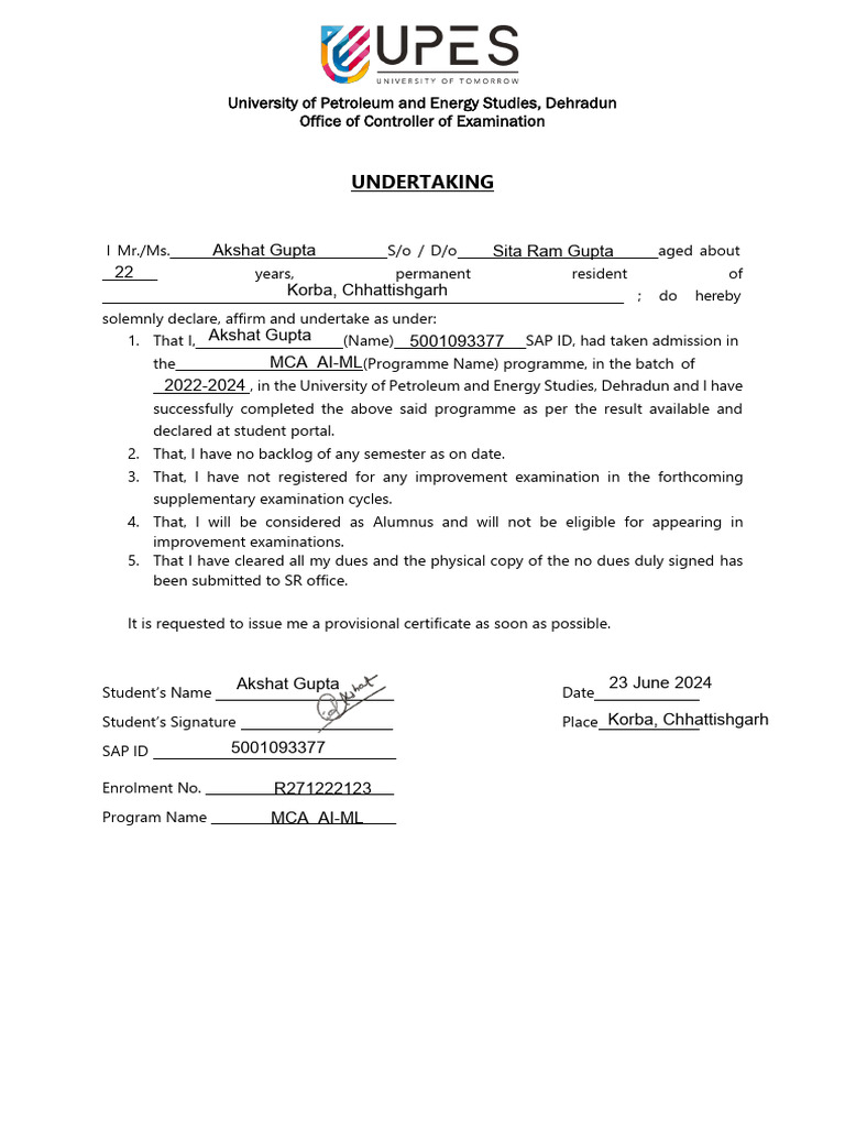 UNDERTAKING for Provisional Certificate (2) | PDF