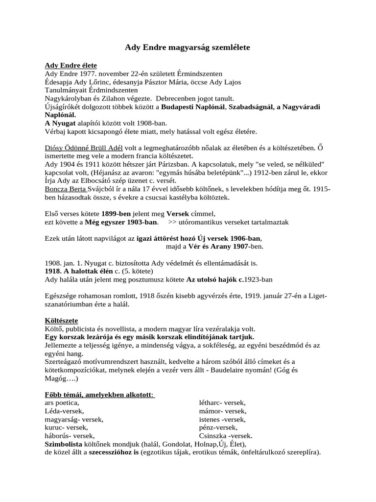 3. Tétel Ady Endre Magyarság Szemlélete | PDF