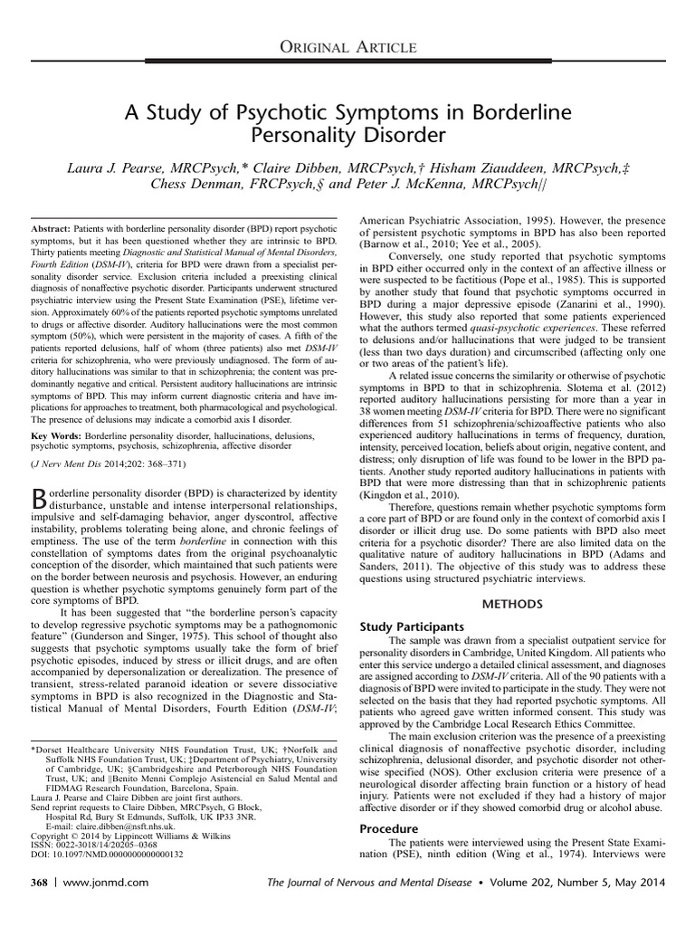 Psychotic Symptoms in Borderline Personality Disorder | PDF ...