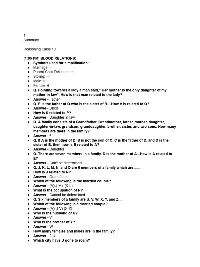 Reasoning Class 10 - 070923 | PDF | Family | Social Institutions