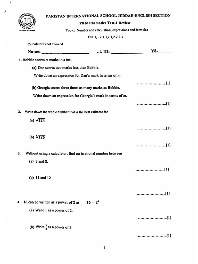 Y8 Test 1 Review Sheet 2024-25 | PDF