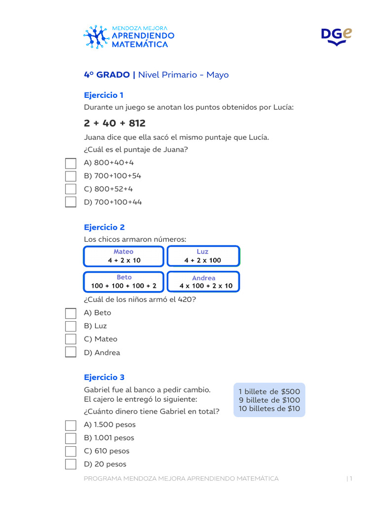 Ejercicios de Matemática para 4° Grado | PDF