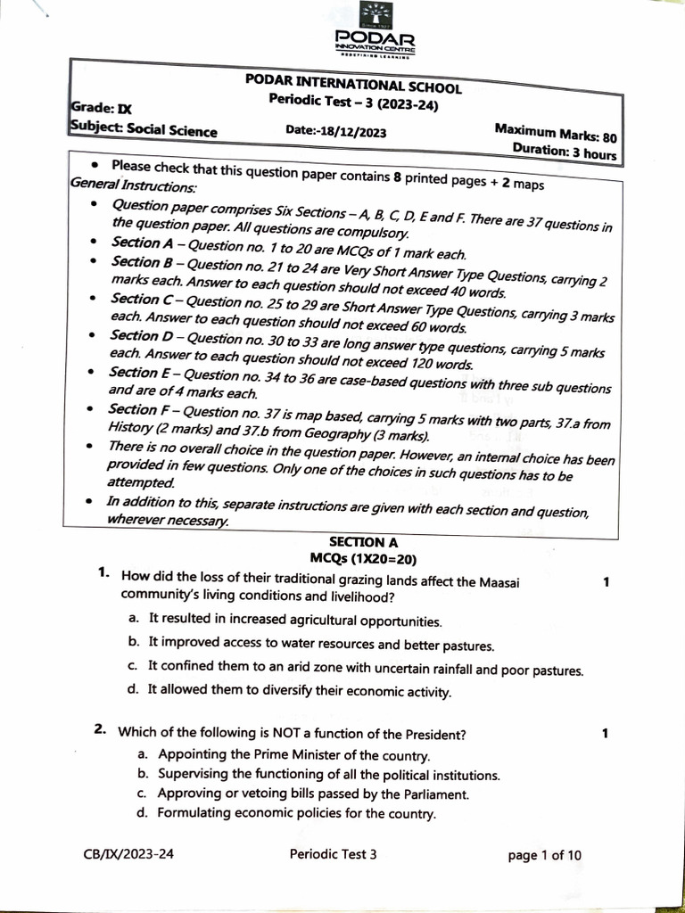 IX Social Science Periodic Test 3 2023-24 | PDF