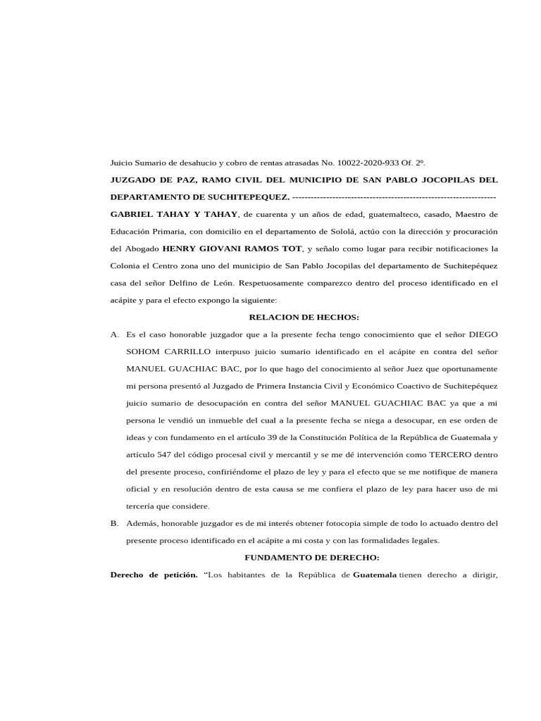 MEMORIAL SOLICITANDO INTERVENCIO COMO TERCERO CASO GABRIEL TAHAY TAHAY ...