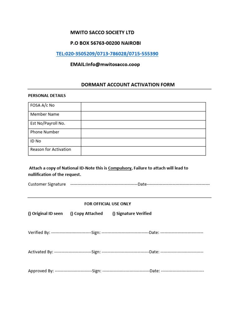 Mwito SACCO Dormant Account Activation Form | PDF