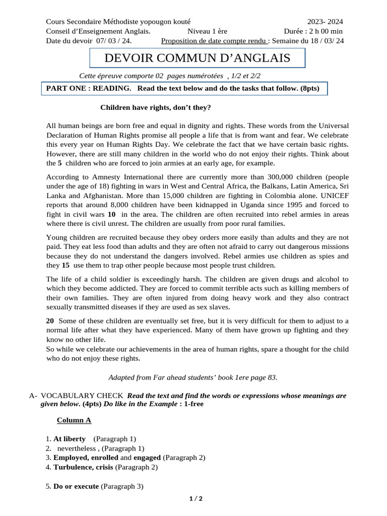 Devoir 1ere Unit 5 Human Rights | PDF