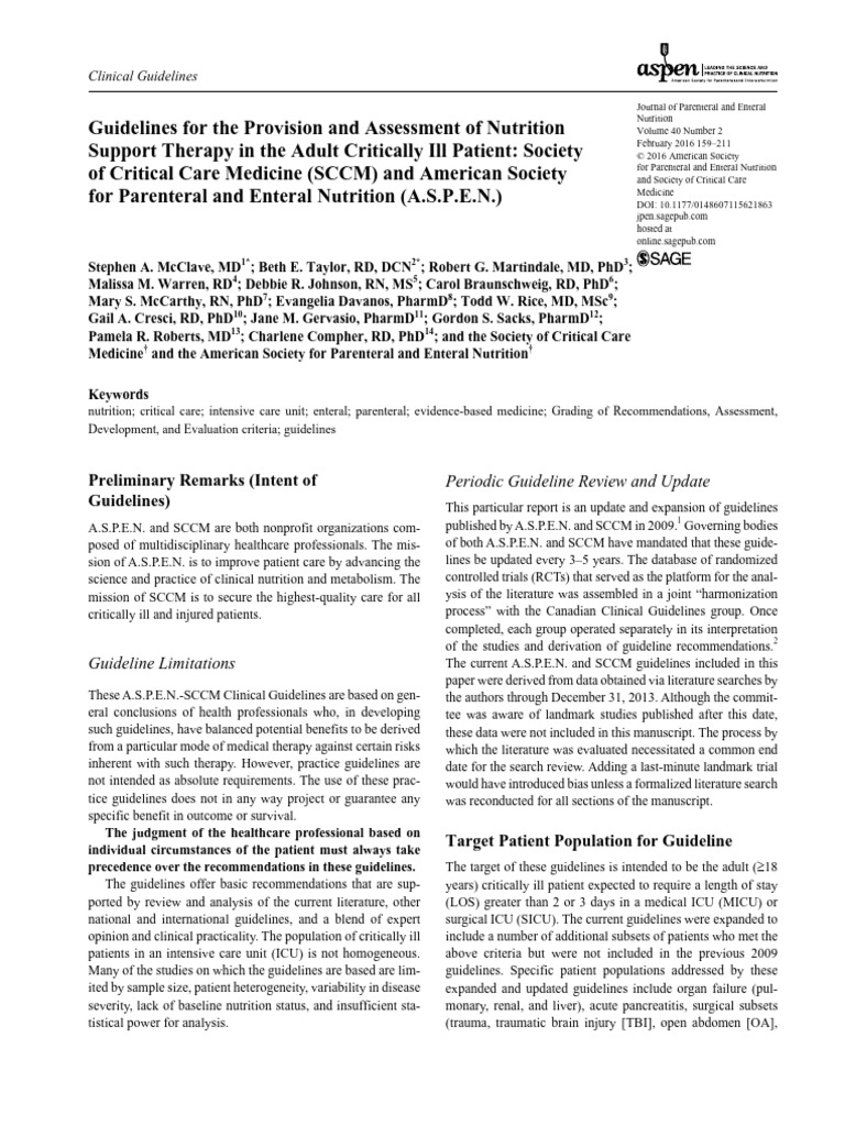 A.S.P.E.N.-SCCM Nutrition Guidelines 2016 | PDF | Intensive Care ...