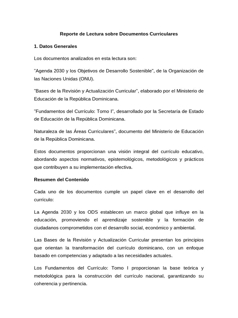 Reporte de Lectura sobre Documentos Curriculares | PDF | Plan de estudios | Enseñando