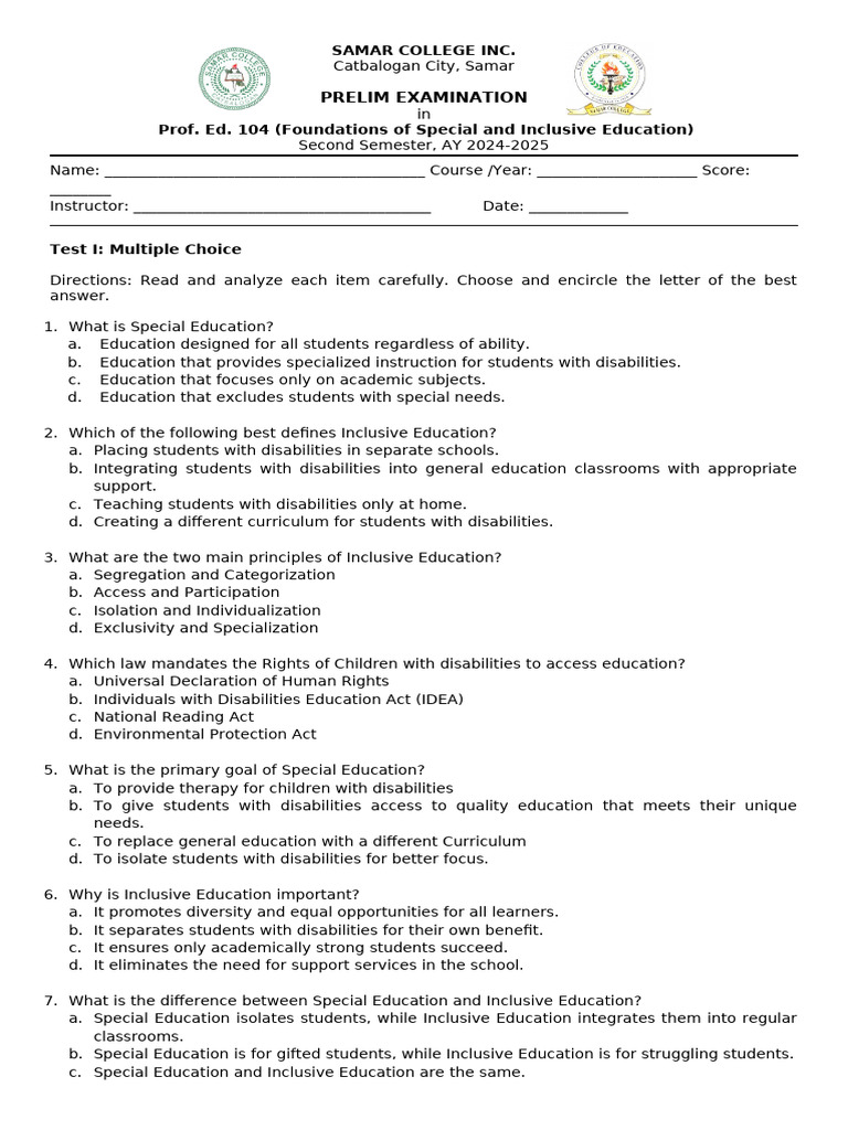 Prelim Exam: Special & Inclusive Education | PDF | Special Education ...